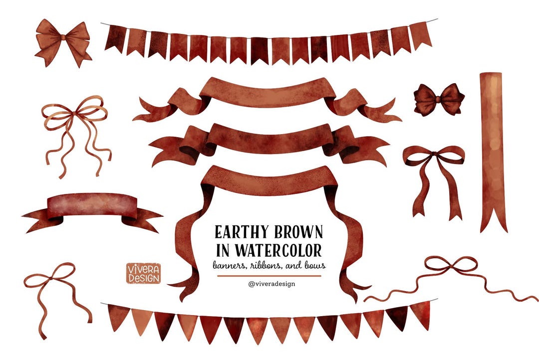 Earthy Brown Watercolor Bows Ribbons Banners Clip Art - Brown Buntings ...