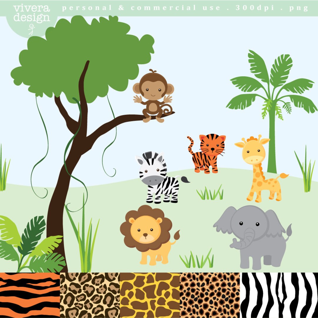 Jungle Safari Animal Clip Art - Monkey, Tiger, Giraffe, Zebra, Lion ...