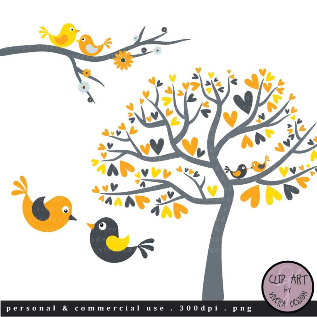 Love Birds in Yellow and Grey - Digital Clip Art - Etsy