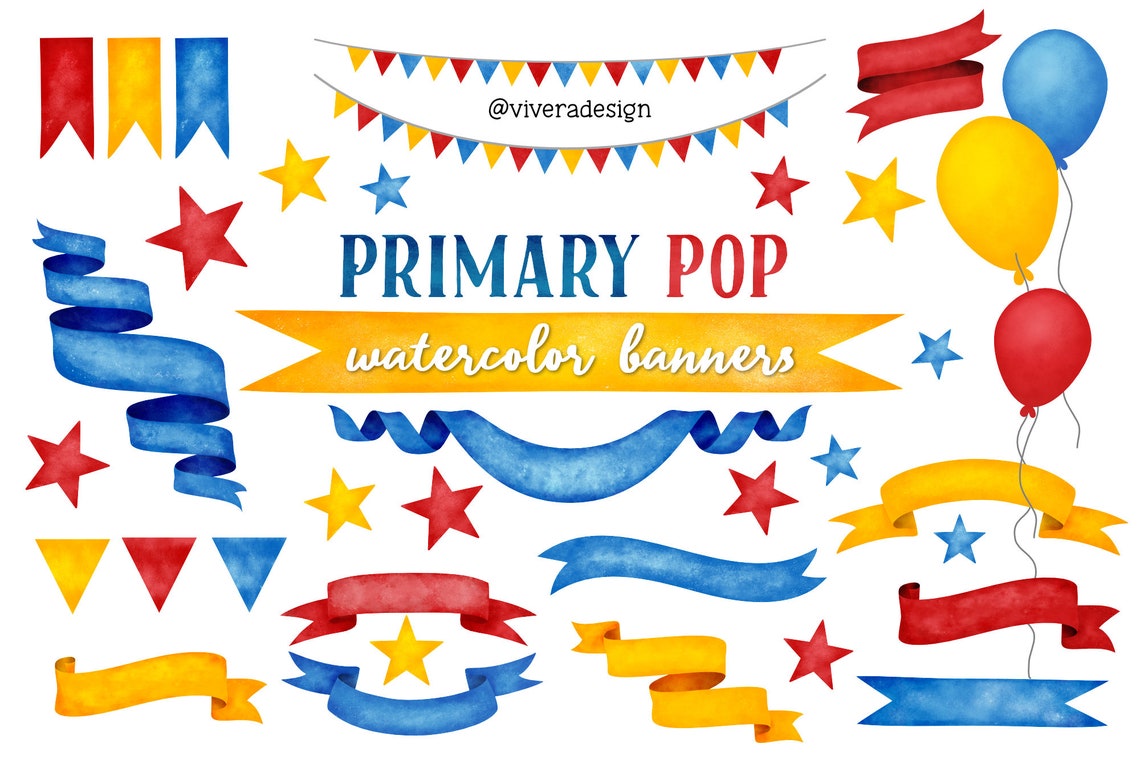 Primary Pop Watercolor Ribbon Banners Clip Art - Sunny Yellow and Blue ...
