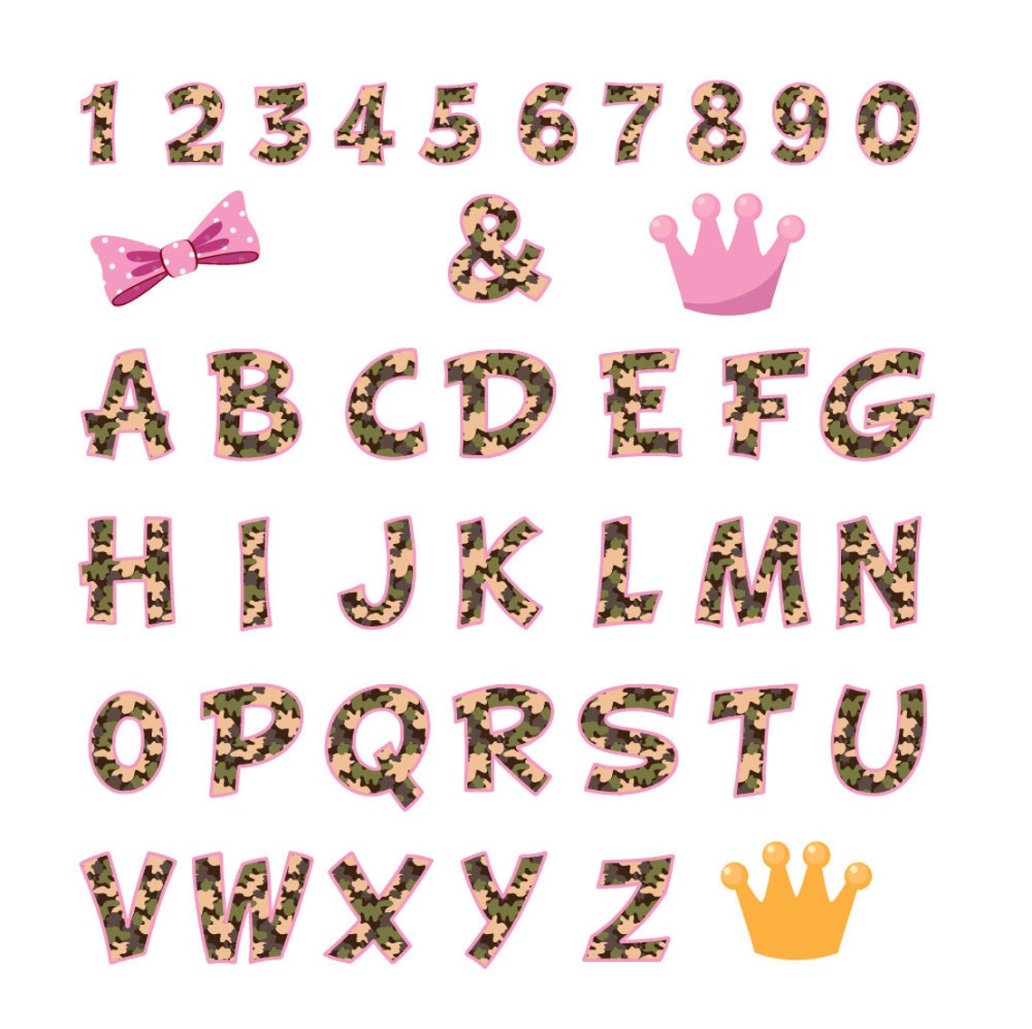 Camo Alphabet and Numbers Clip Art: Pink Outline, Crowns (PNG Digital ...