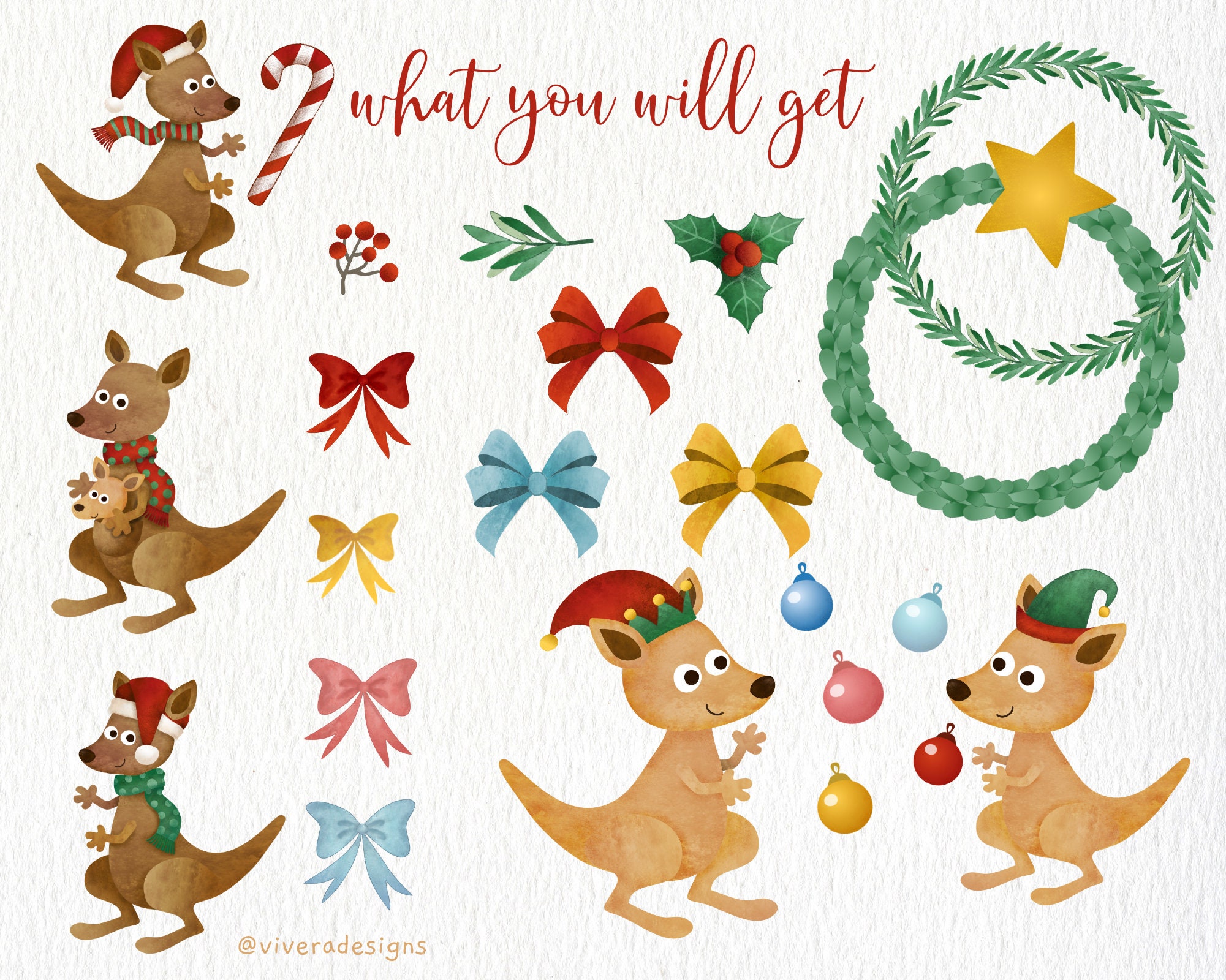 Christmas Kangaroo Watercolor Clip Art: Aussie Holiday PNG Images ...