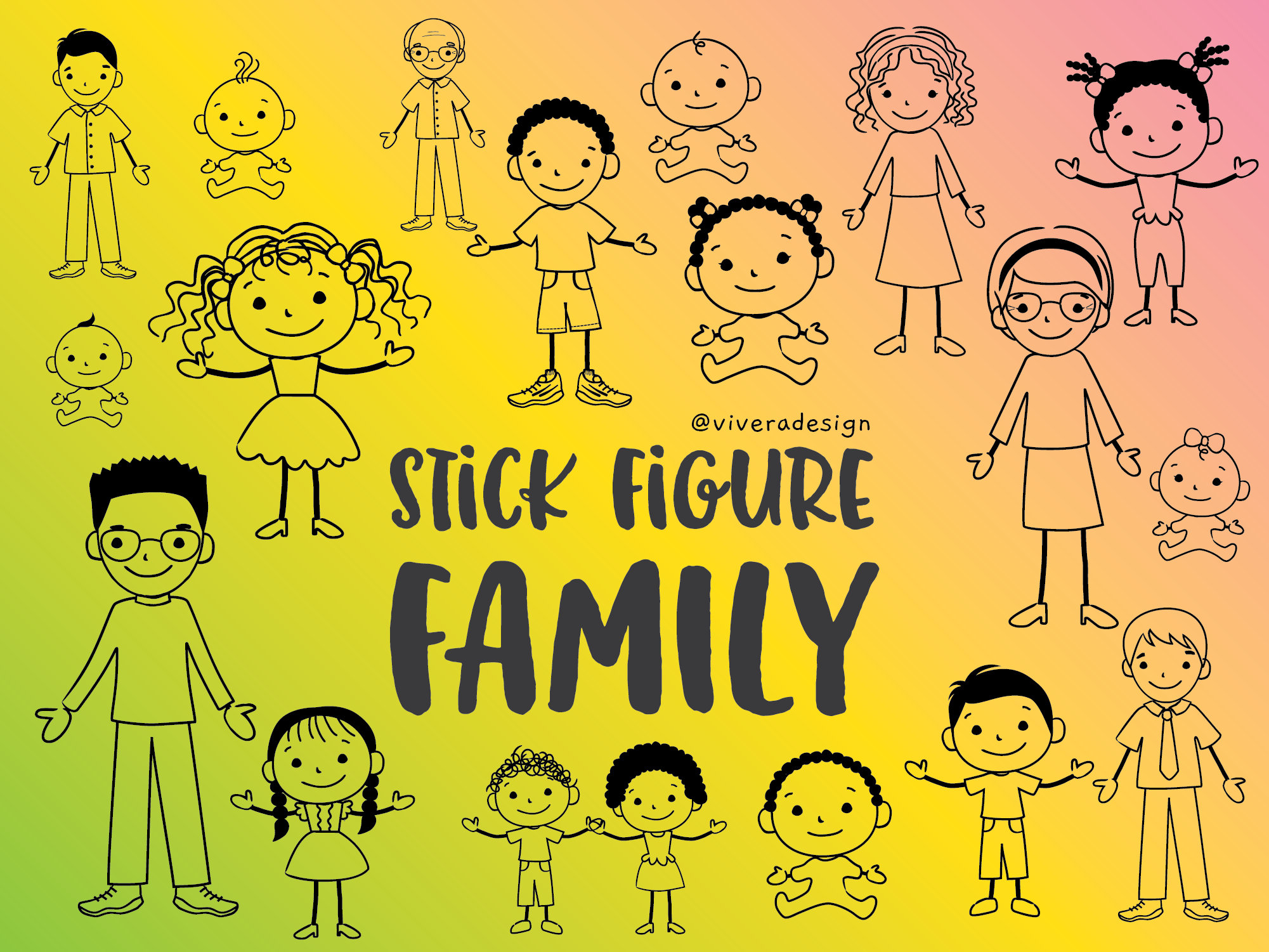 Family Stick Figures SVG | PNG | PDF - Line Art - Babies, Kids, Teens ...