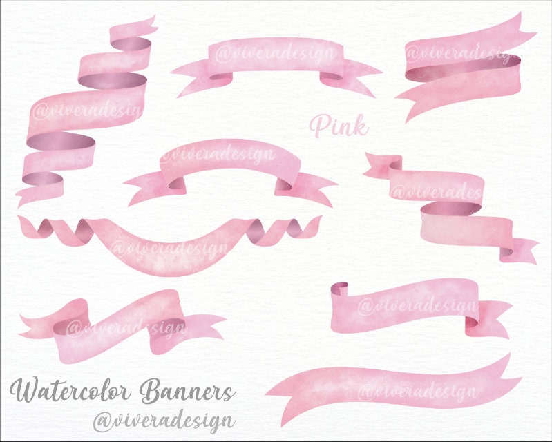 Watercolor Banners Ribbons Clip Art Pink Blue Lavender | Etsy