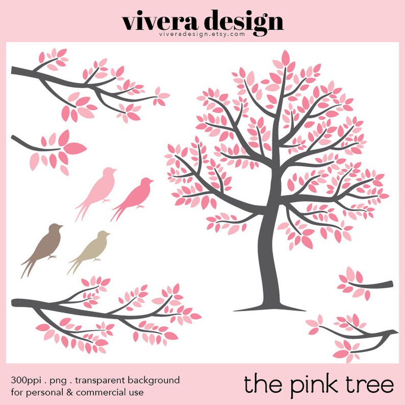The Pink Tree Digital Clip Art tree branches and birds | Etsy