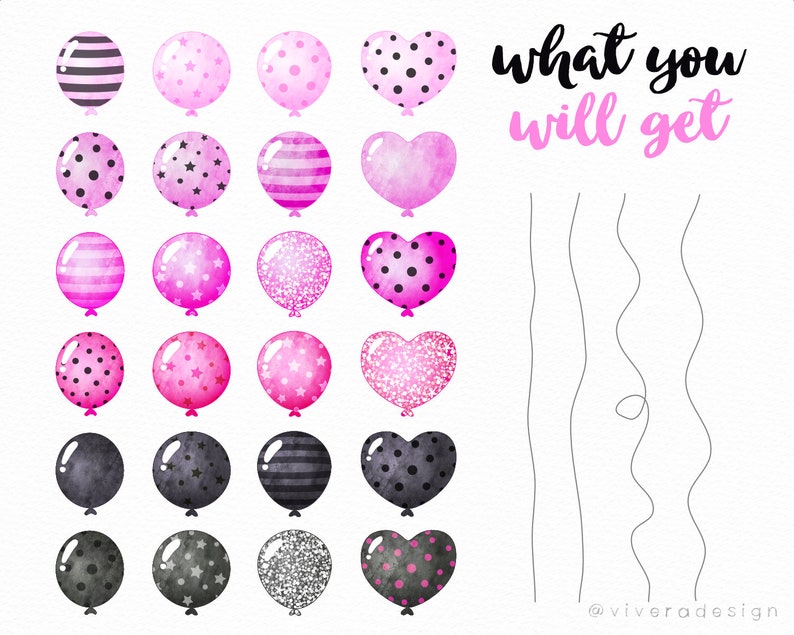 Black and Pink Watercolor Balloon Clipart Glam Sparkly - Etsy