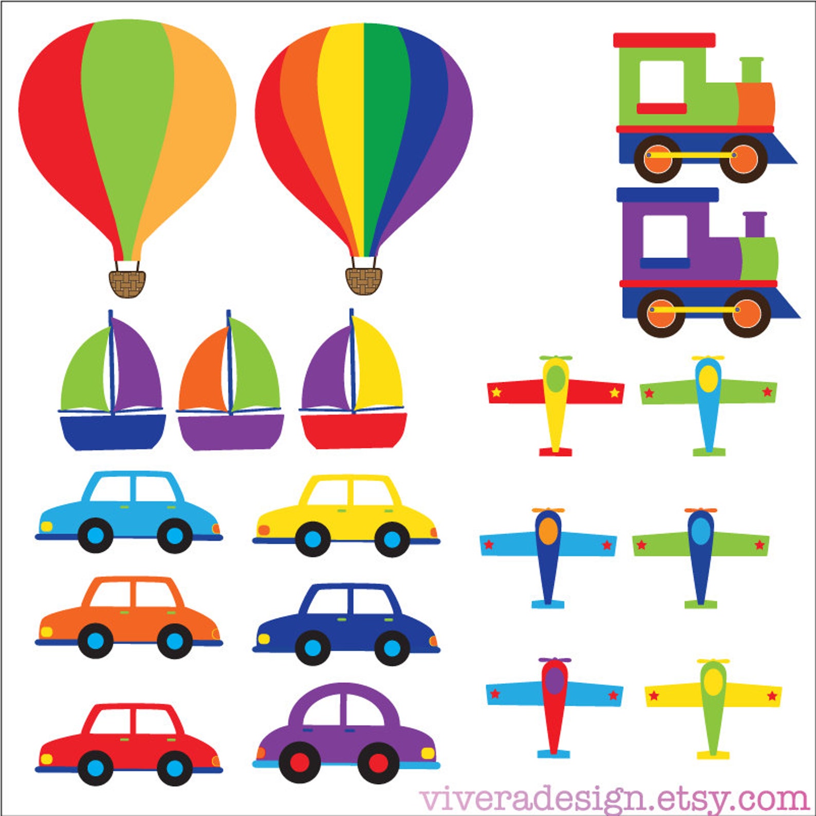 Transportation Clip Art: Solid Color Planes, Trains, Cars (digital ...
