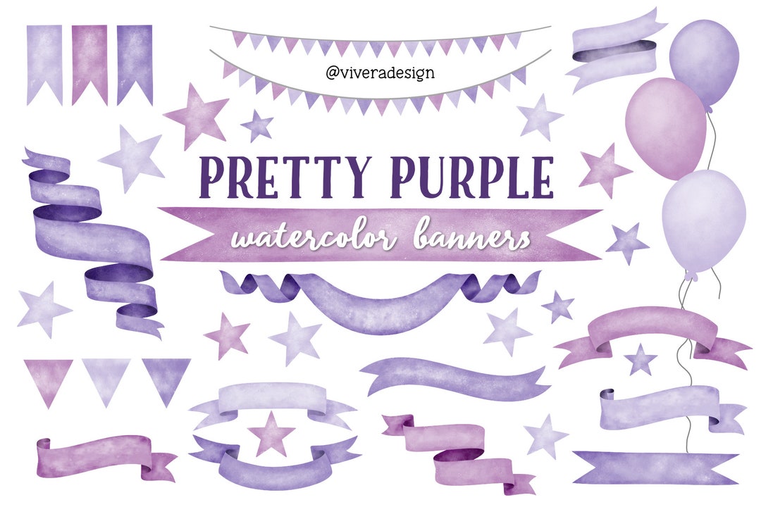 Pretty Purple Watercolor Ribbon Banners Clip Art - Shades of Purple and ...