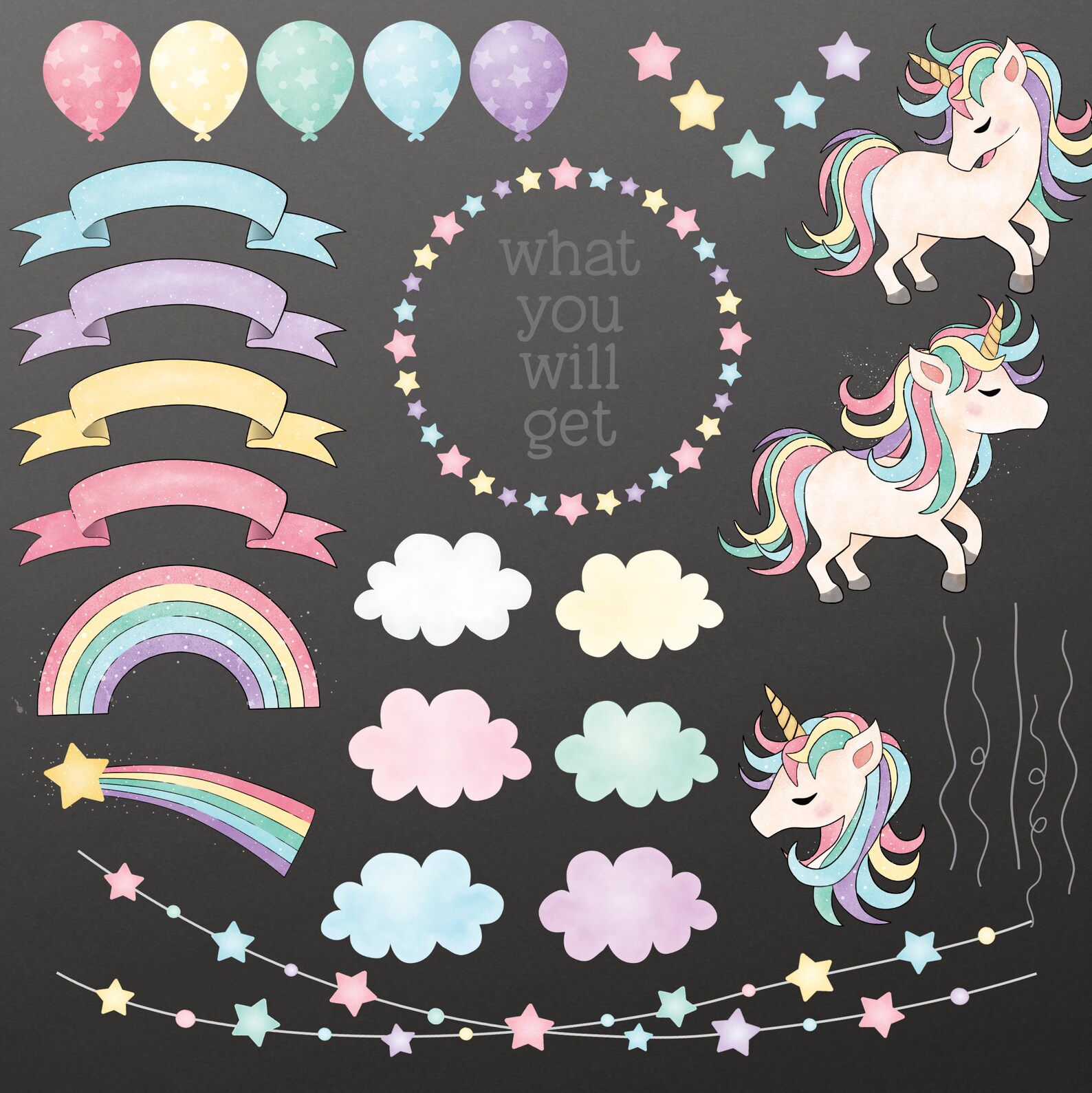 Dreamy Unicorns Digital Cliparts Pastel Watercolor | Etsy