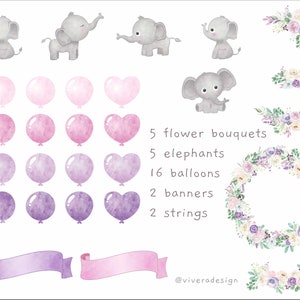 Cute Little Elephants, Balloons, and Flowers | Watercolor Digital Clip ...
