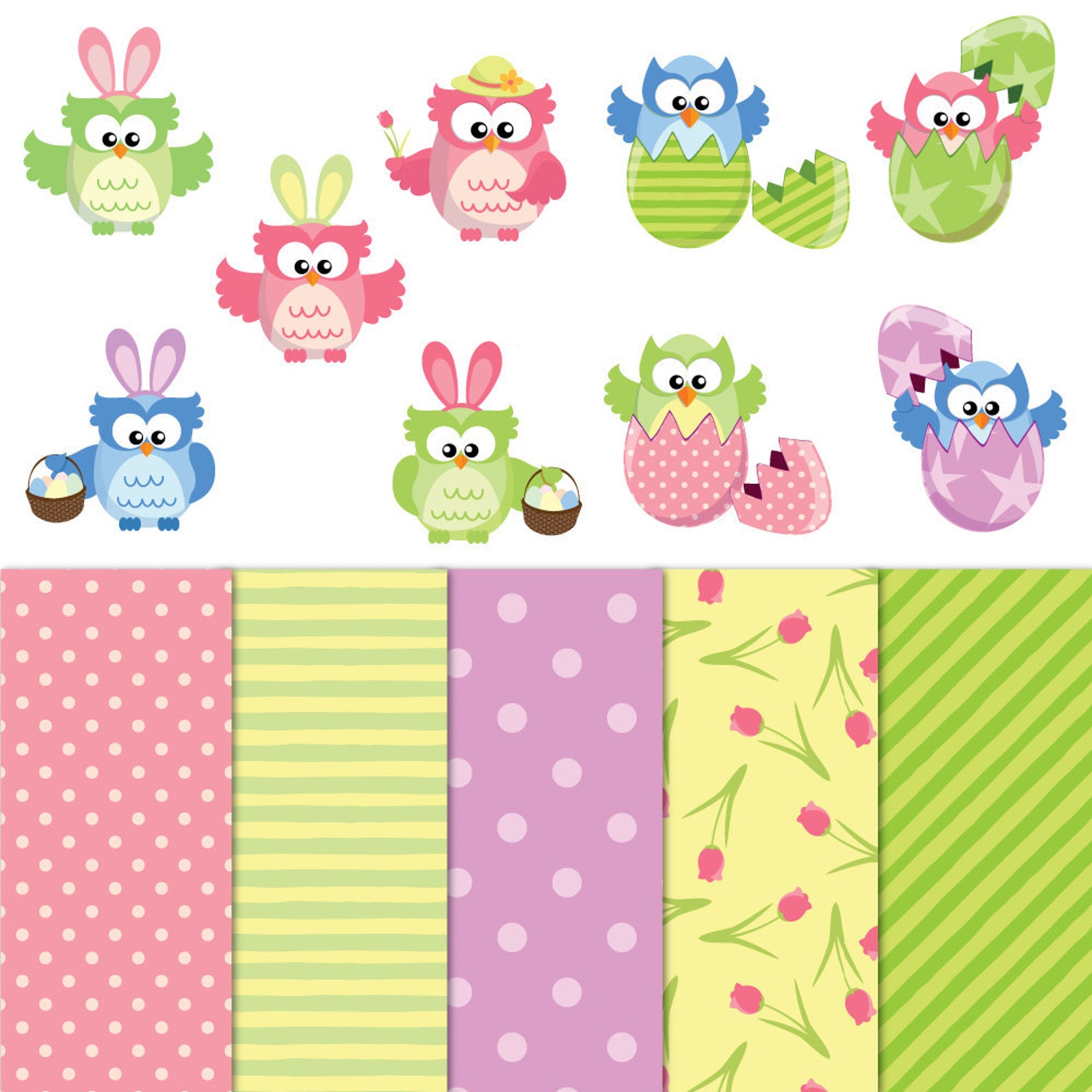 Easter Clip Art 9 Owls With 5 Patterned Paper - Etsy