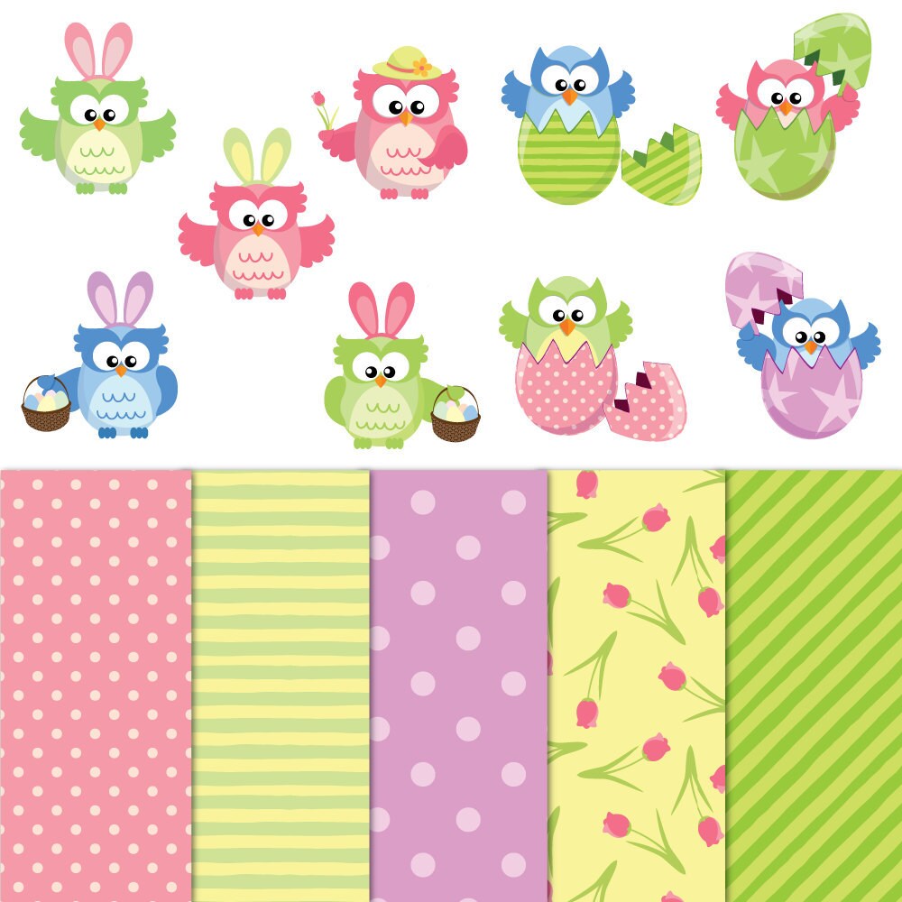 Easter Clip Art 9 Owls With 5 Patterned Paper - Etsy