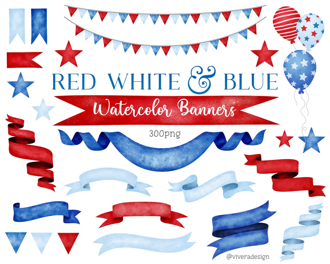 Red White Blue Watercolor Banners Ribbons Clip Art - Fourth of July ...