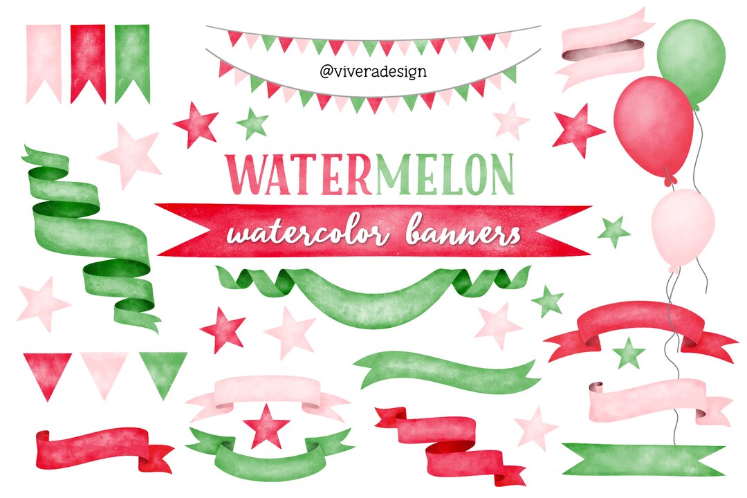 Watermelon Watercolor Ribbon Banners Clip Art - Shades of Pink and ...