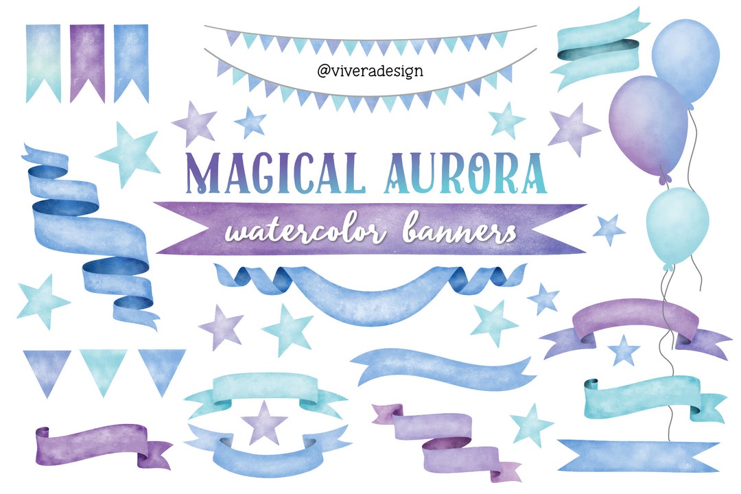 Magical Aurora Watercolor Ribbon Banners Clip Art - Shades of Purple ...
