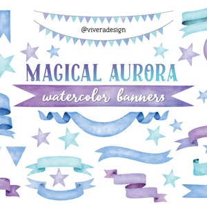 Magical Aurora Watercolor Ribbon Banners Clip Art - Shades of Purple ...