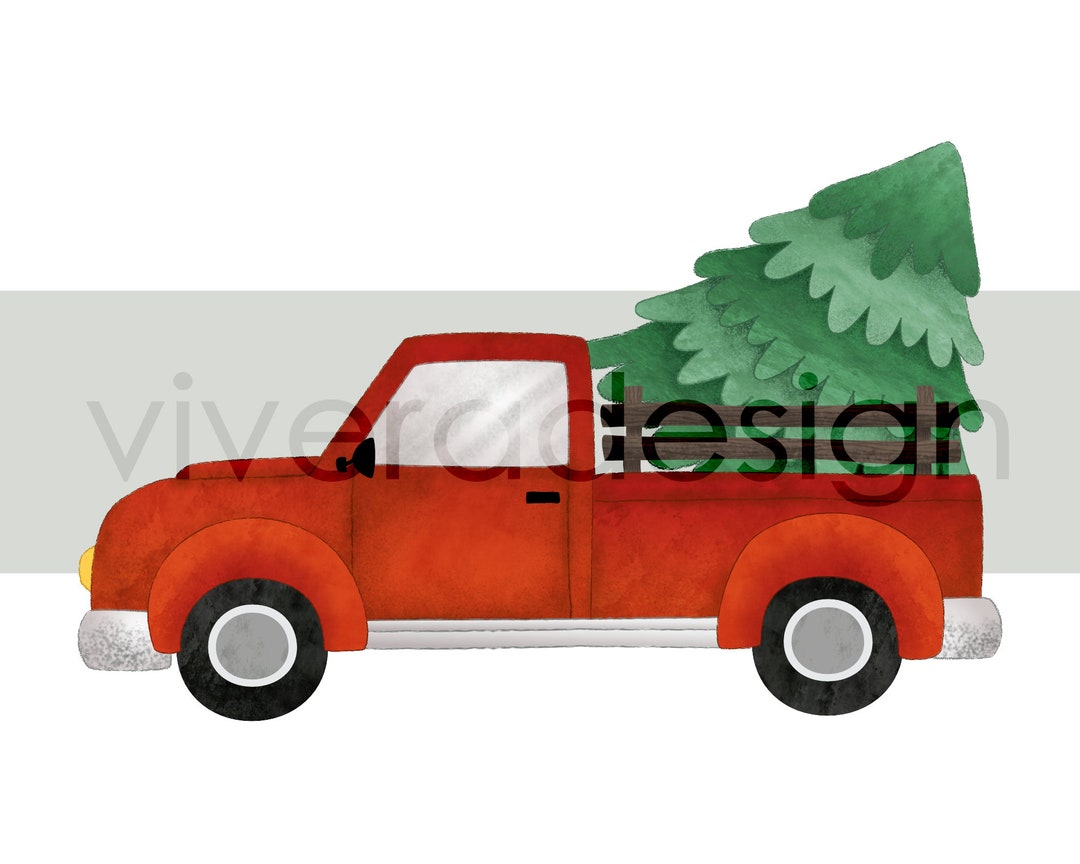 Watercolor Christmas Truck Clipart: Red Truck & Pine Tree (PNG) - Etsy