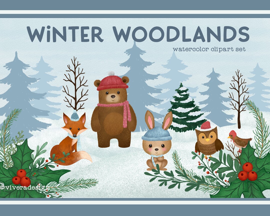 Winter Woodlands - Watercolor Animal Clip Arts - Winter Scenes, Bear ...