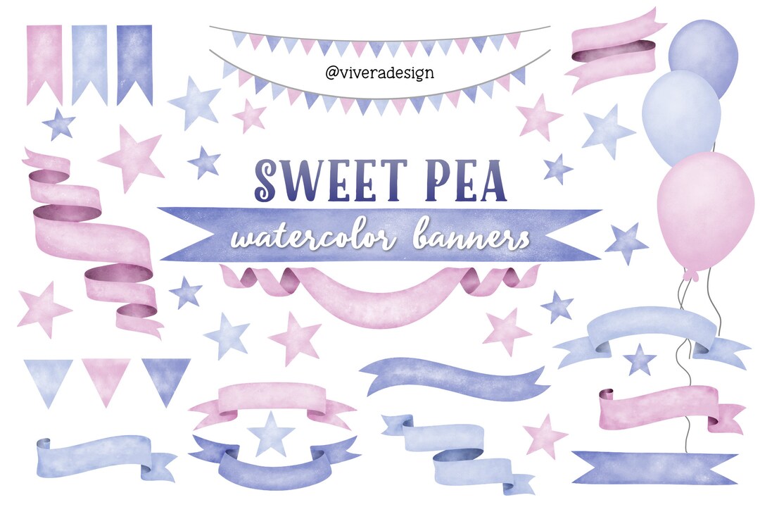 Sweet Pea Watercolor Ribbon Banners Clip Art - Shades of Purple, Pink ...