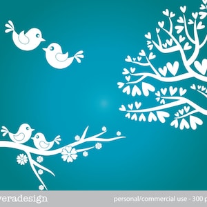 Love Birds on the Heart Tree Silhouette in White - Digital Clip Art ...