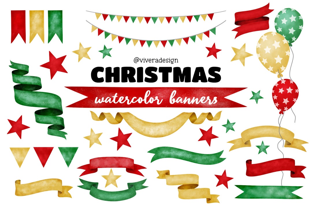 Christmas Watercolor Banners Ribbons Clip Art - Green, Red, and Gold ...