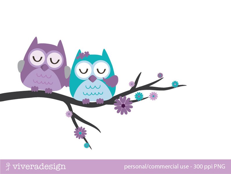 Owl Love Birds - in Purple, Turquoise, and Grey - Digital Clip Art ...