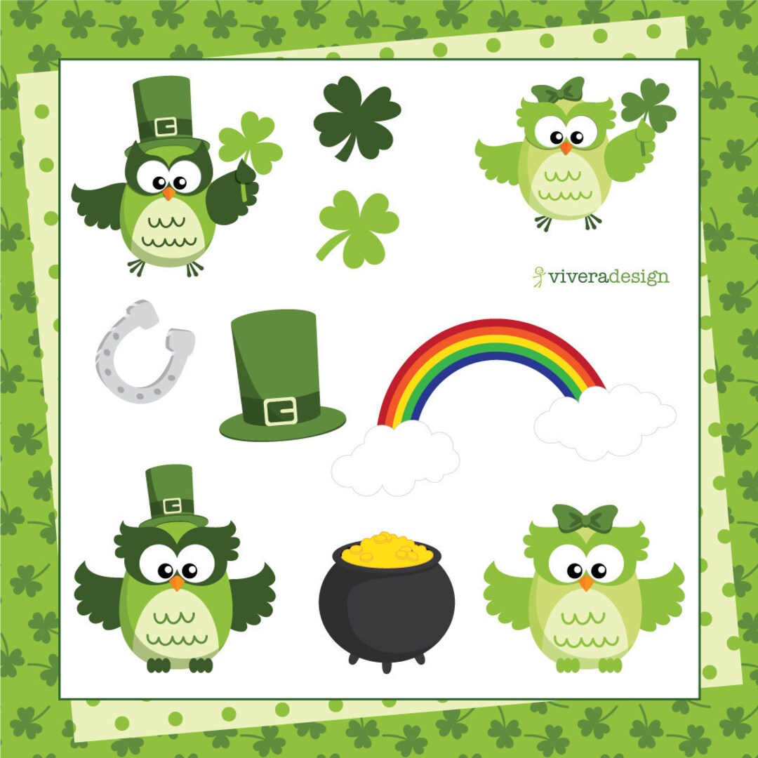 St Patrick's Day Digital Clip Art - Owl, Four Leaf Clover, Horseshoe ...