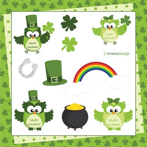 St Patrick's Day Digital Clip Art - Owl, Four Leaf Clover, Horseshoe ...