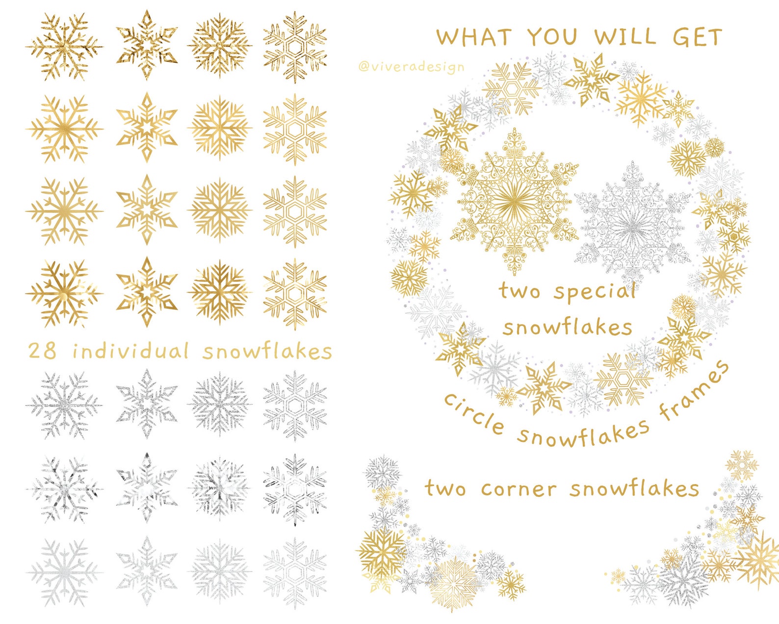 Gold Silver Snowflakes Frames and Cliparts Digital Snowflake | Etsy