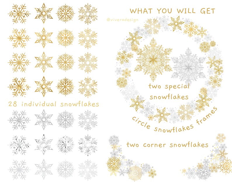 Gold Silver Snowflakes Frames and Cliparts Digital Snowflake | Etsy
