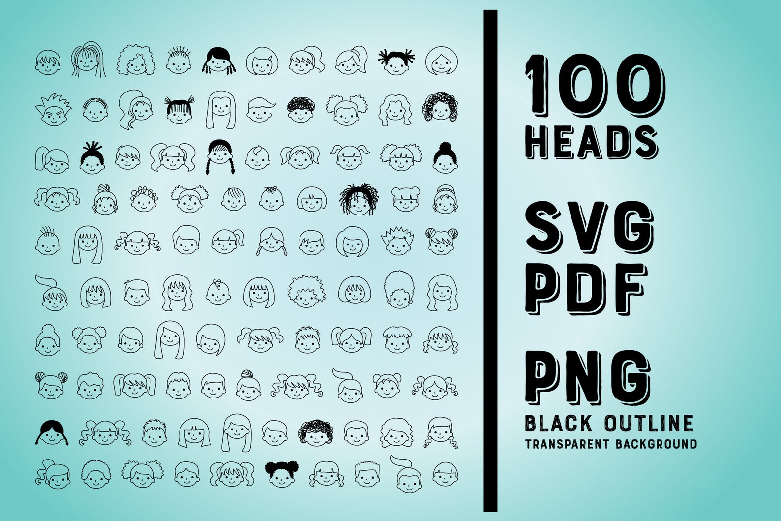 Kids Head Stick Figures SVG PNG PDF Black Lines Line - Etsy