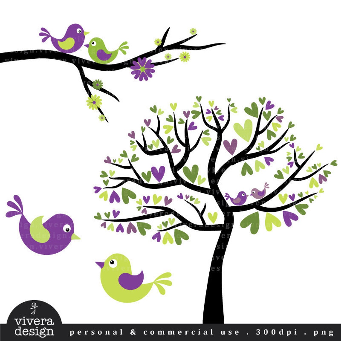 Love Birds in Lime Green Purple and Black Digital Clip Art | Etsy