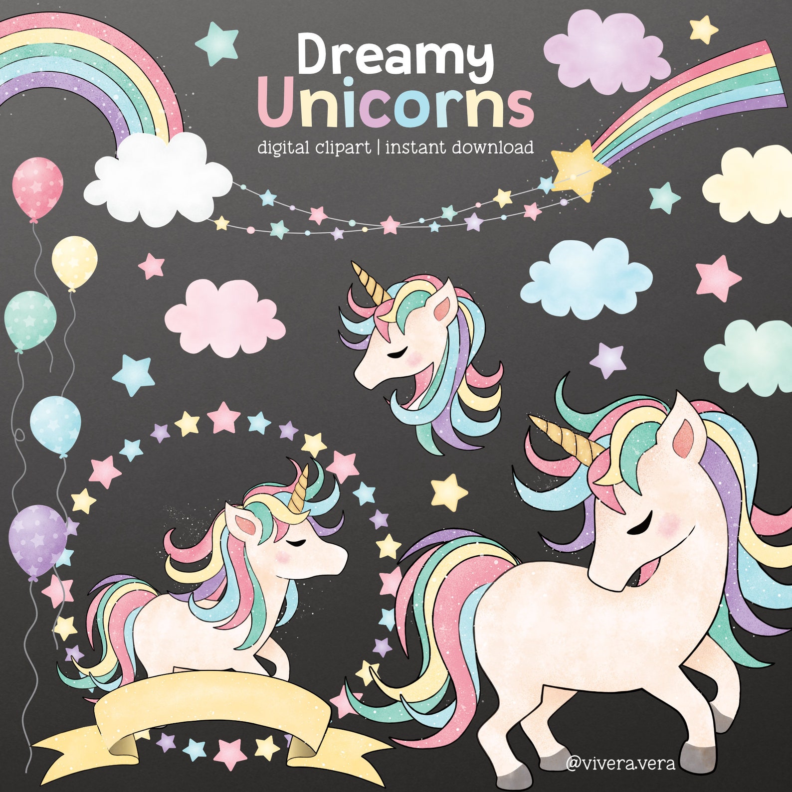 Dreamy Unicorns Digital Cliparts Pastel Watercolor - Etsy