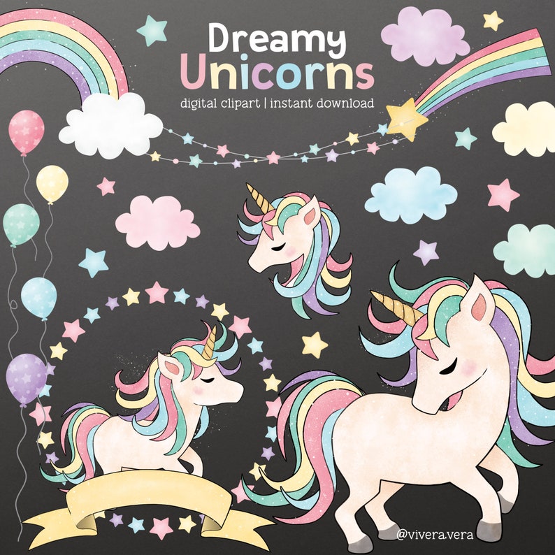 Dreamy Unicorns Digital Cliparts Pastel Watercolor - Etsy