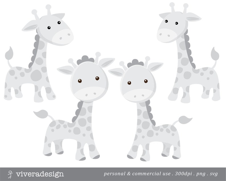 Gray Giraffe Digital Clip Art - PNG Grey Giraffe - With a Pink, Blue ...