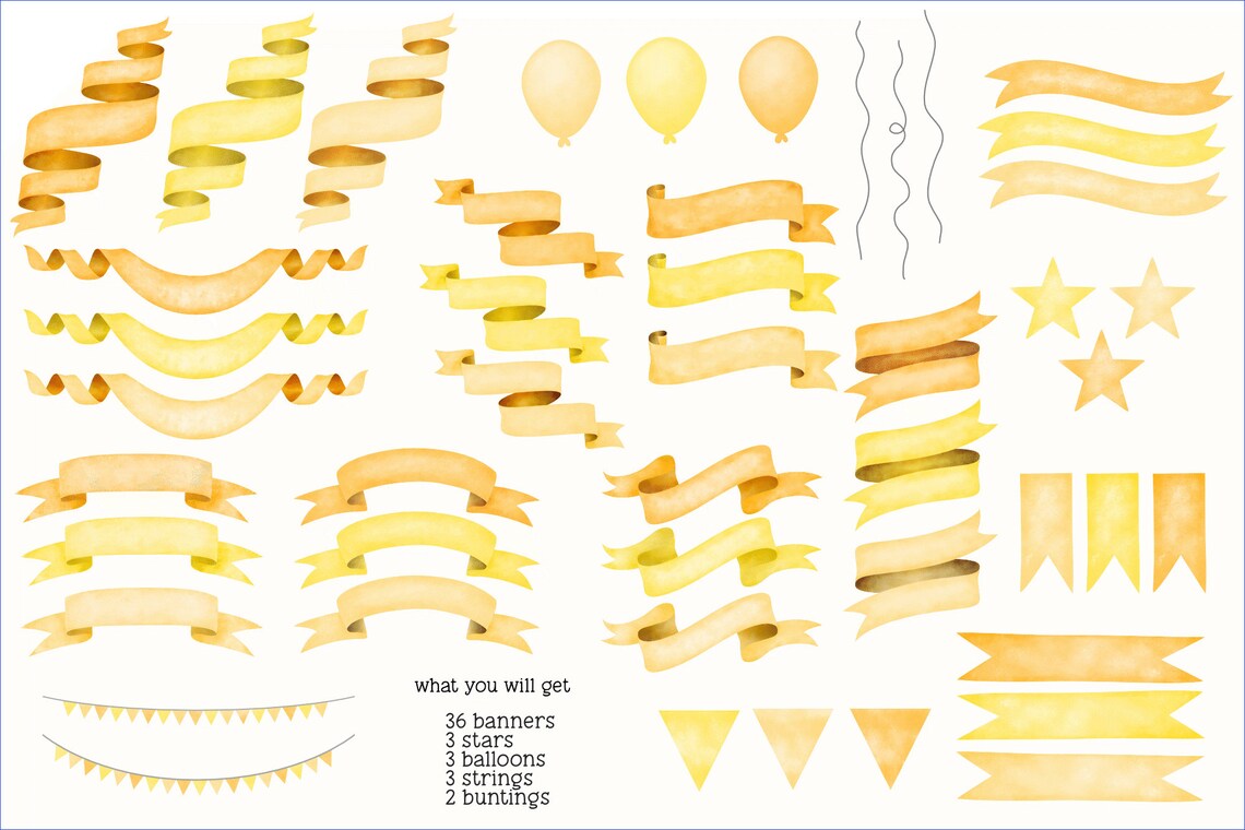Sunburst Watercolor Ribbon Banners Clip Art - Shades of Bright Yellow ...