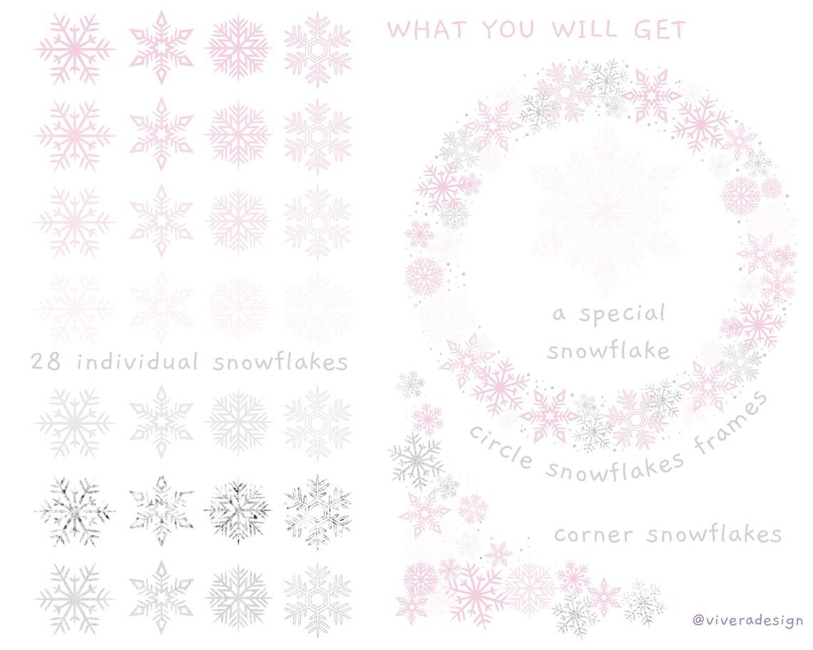 Silver Pink Snowflakes Frames and Cliparts Digital Snowflake - Etsy