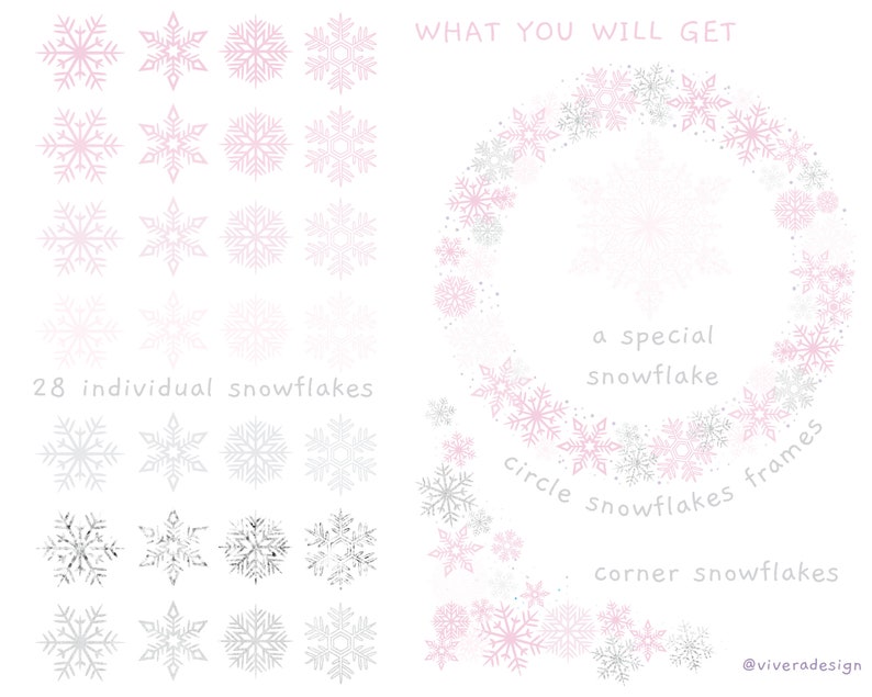 Silver Pink Snowflakes Frames and Cliparts Digital Snowflake - Etsy