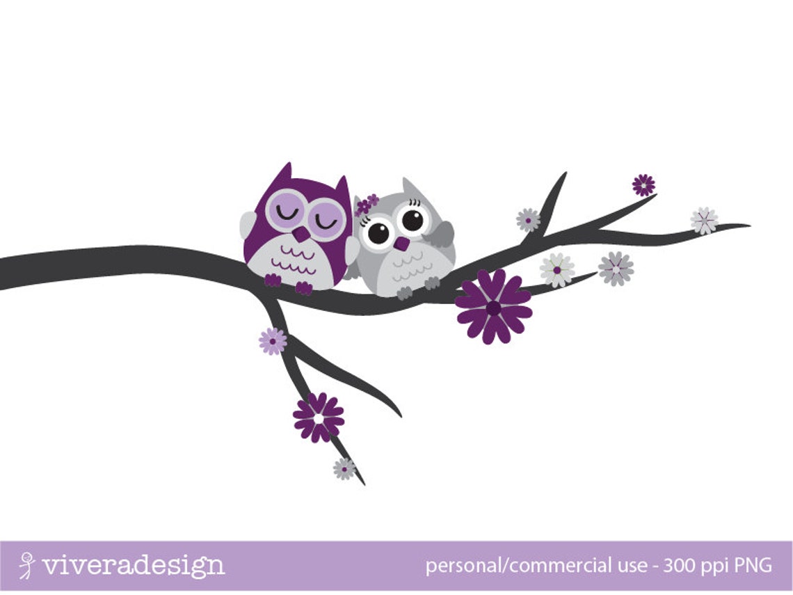 Owl Love Birds - in Purple, Lavender, and Grey - Digital Clip Art - Etsy
