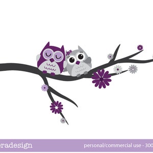 Owl Love Birds - in Purple, Lavender, and Grey - Digital Clip Art - Etsy