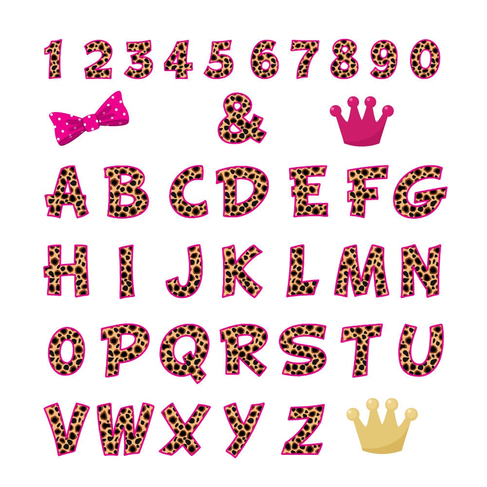 Cheetah Print Letters & Numbers Clip Art: Pink Outline, Crowns (digital ...