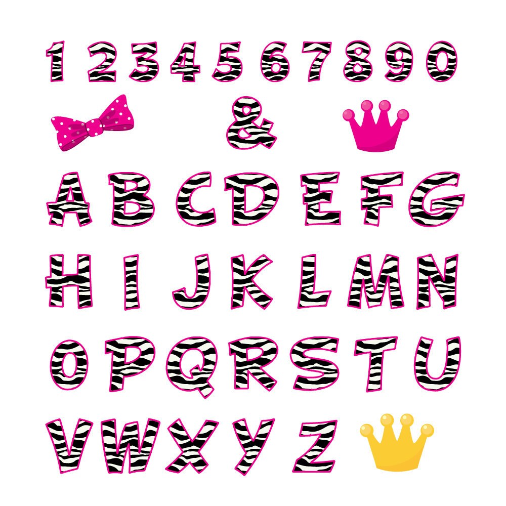 Zebra Print Alphabet & Numbers Clip Art: Pink Outline, Crowns (digital ...