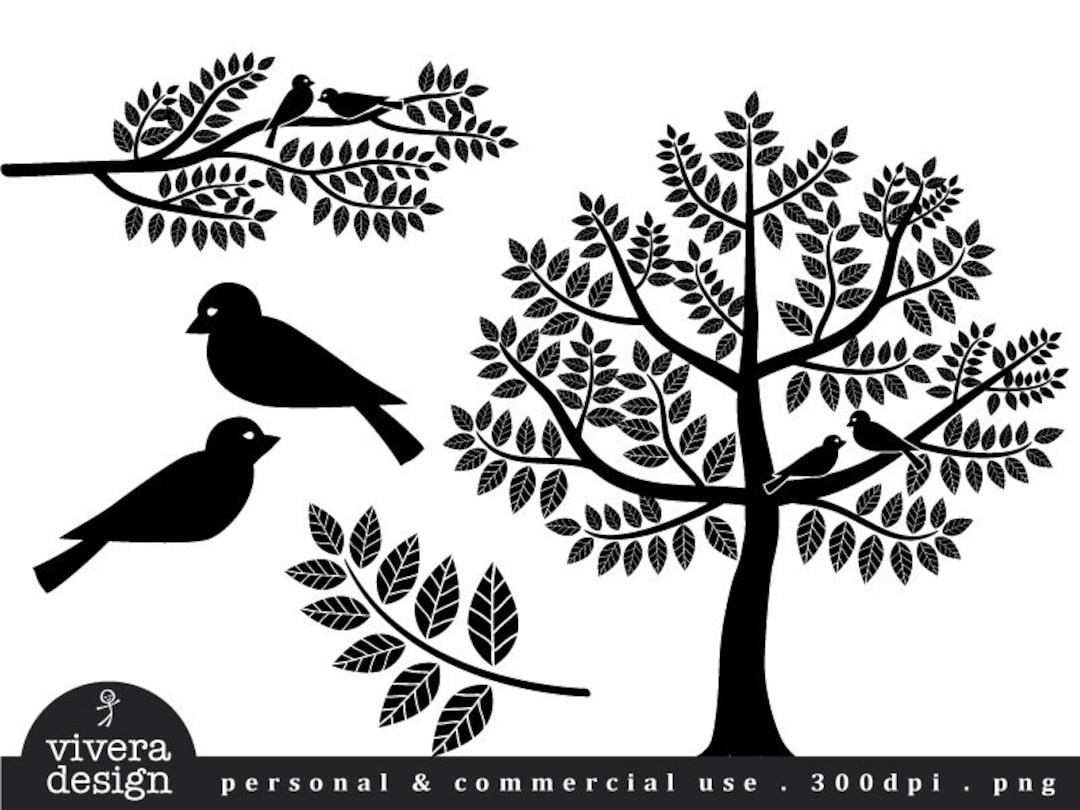 Digital Silhouette - Love Birds, Branches and Tree in Black - Digital ...