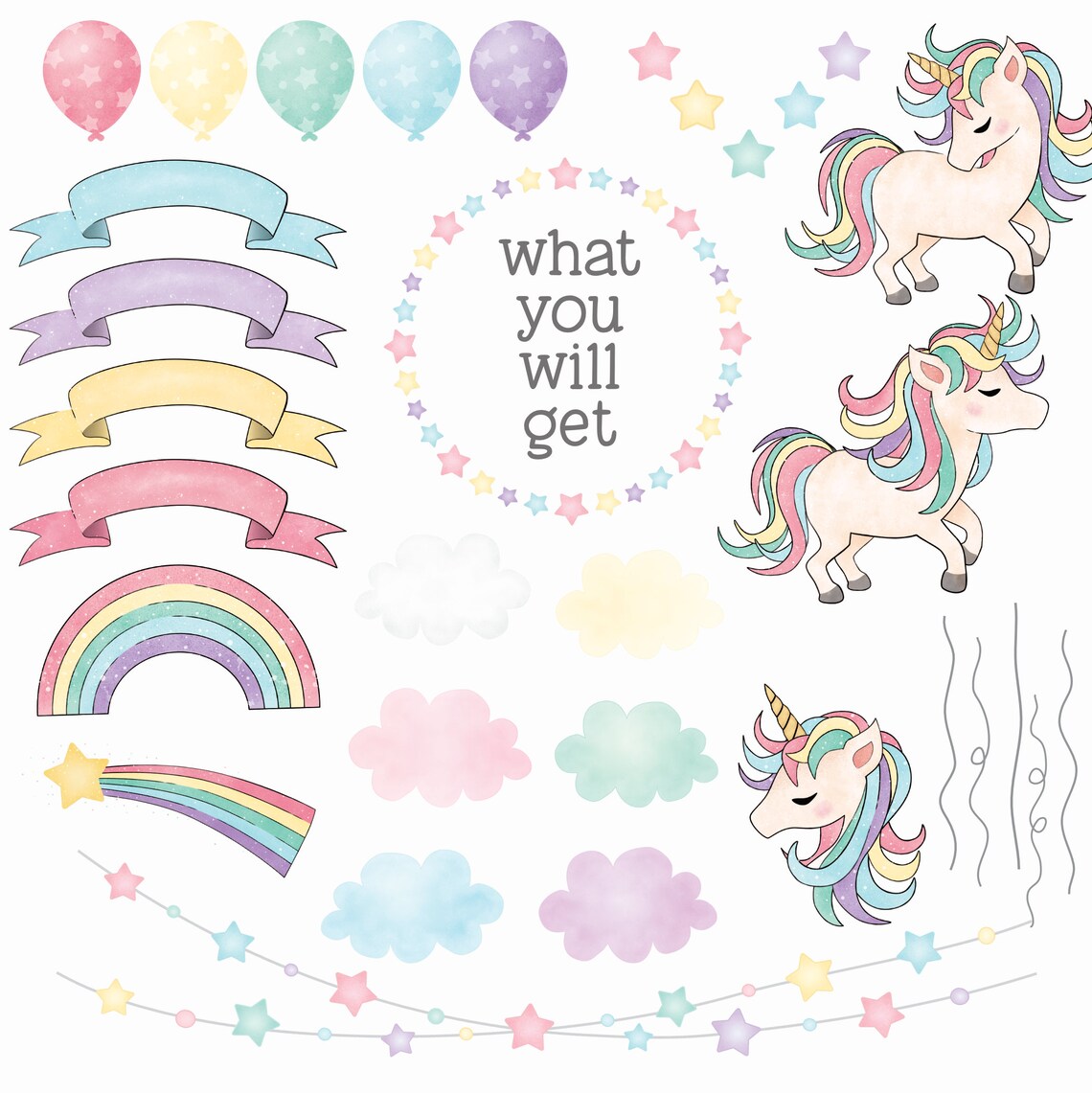 Dreamy Unicorns Digital Cliparts Pastel Watercolor | Etsy