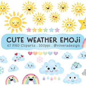 Cute Weather Emoji Cliparts - Weather Watercolor Clip Arts - Sun ...