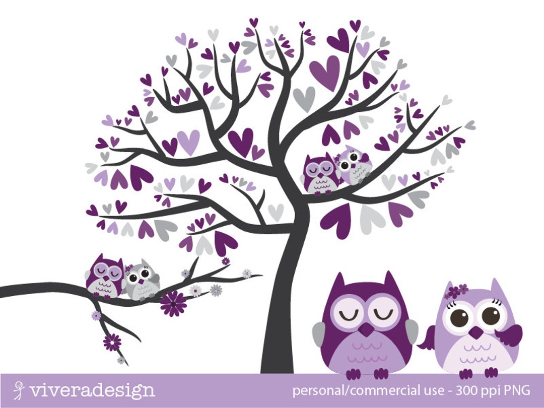 Owl Love Birds - in Purple, Lavender, and Grey - Digital Clip Art - Etsy
