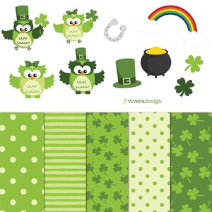 St Patrick's Day Digital Clip Art - Owl, Four Leaf Clover, Horseshoe ...