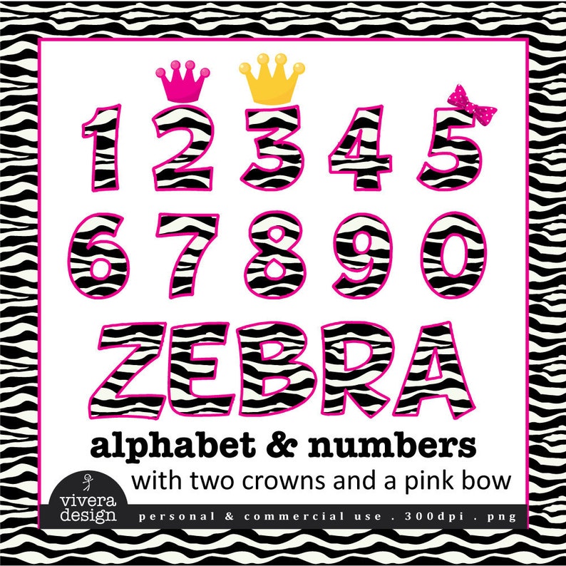 Zebra Print Alphabet & Numbers Clip Art: Pink Outline, Crowns (digital ...