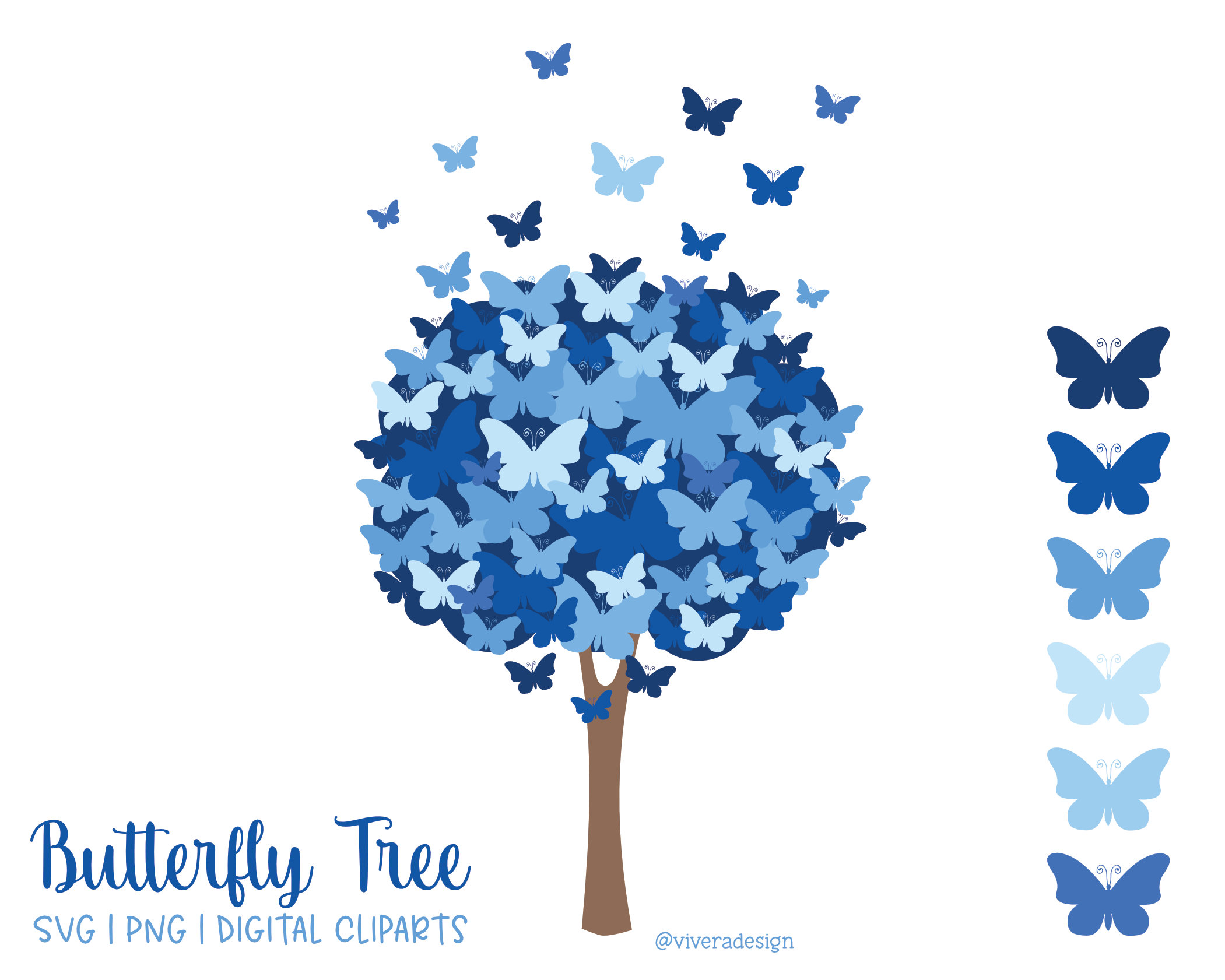 Butterfly Tree Digital Clip Art Blue PNG SVG - Etsy