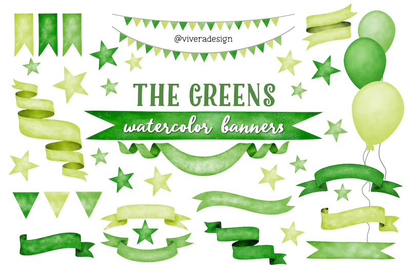 Green Watercolor Ribbon Banners Clip Art: Balloons, Stars, Bunting (PNG ...